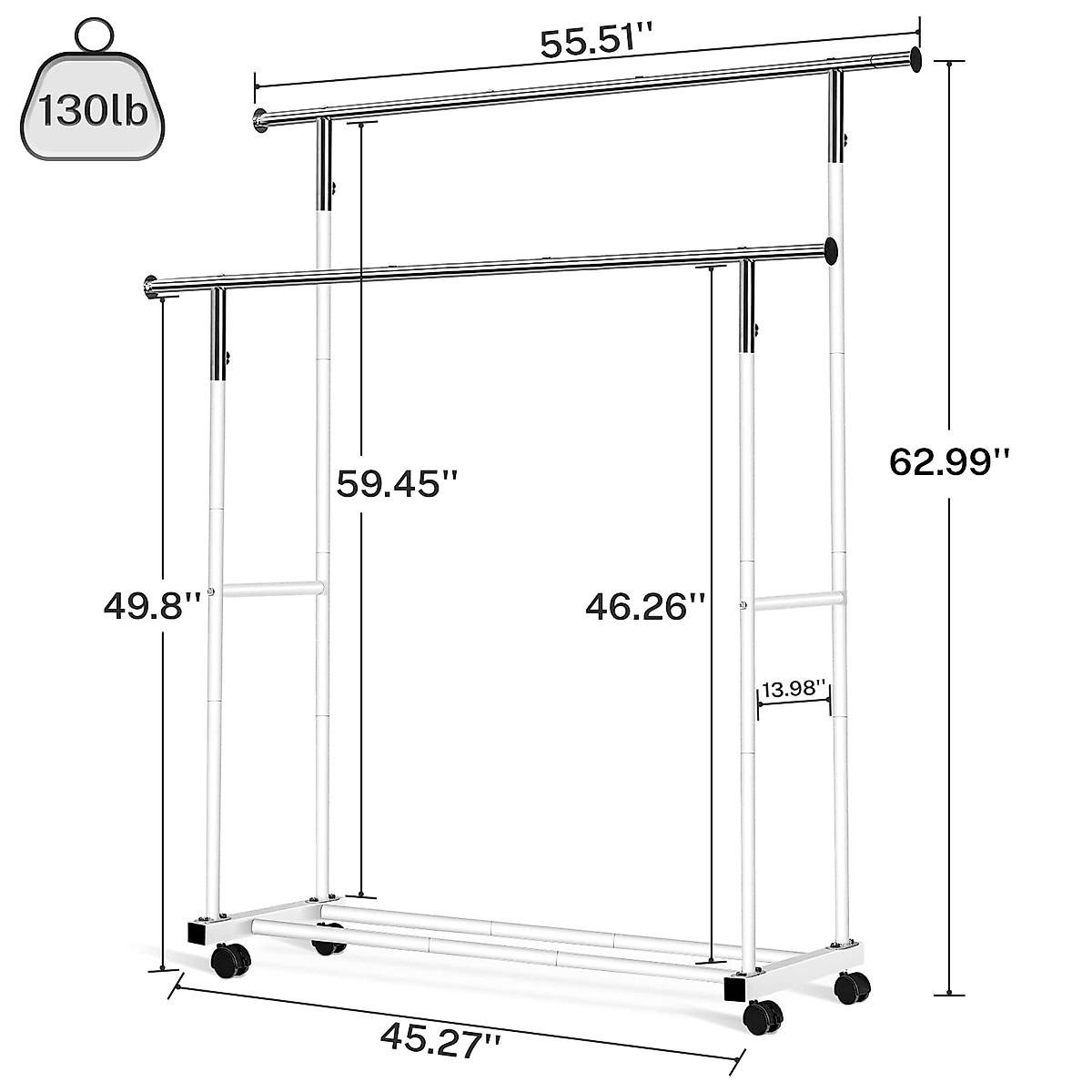 VICERII Double Clothing Rack, 55.51 Inch Garment Rack with Wheels and Bottom Shelf, 130LB Capacity Heavy Duty Rolling Clothes Racks for Hanging Clothes, Coats, Shirts, Sweaters, Skirts, White