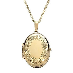 Women's & Ladies 14k (Karat) Yellow Gold-Filled Engraved Oval Four Picture Locket, Gold-Filled Locket Features Flower Engraved Details & Opens To Reveal Four Pictures, 18" Inch Yellow Gold Rope Chain