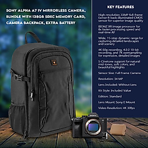 Sony Alpha a7 IV Full Frame Mirrorless Interchangeable Lens Digital 4K Camera, Black - Bundle with 128GB SD Memory Card, Camera Backpack, Extra Battery