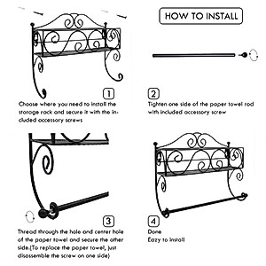 IMAYLLA Paper Towel Holder with Shelf Storage, Decorative Scrollwork Design Adhesive Wall Mount Basket Organizer for Kitchen Bathroom