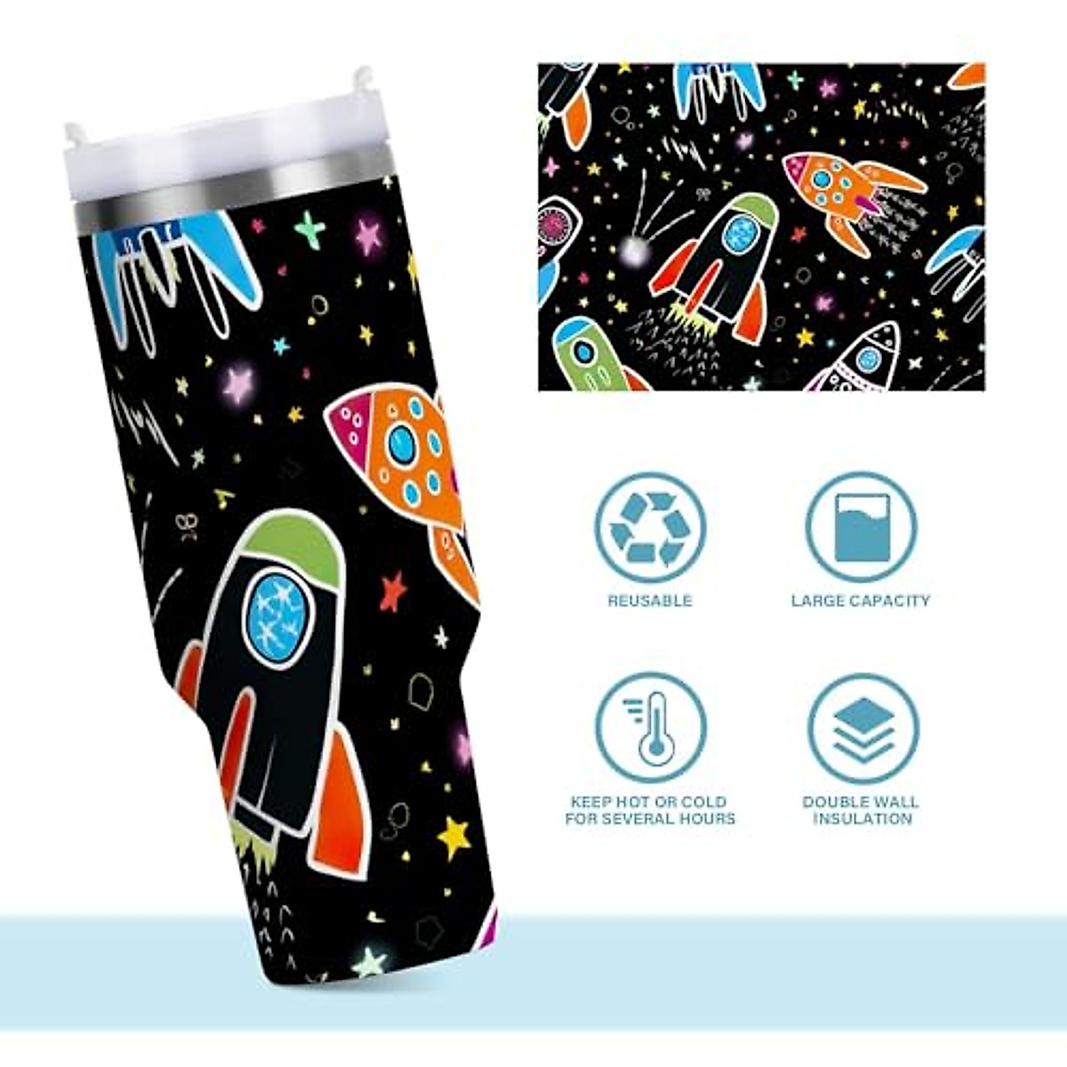 ODAWA 40oz Leak Proof Tumbler, Colorful Spaceships Stars Stainless Steel Vacuum Insulated Tumbler with Handle and Straw