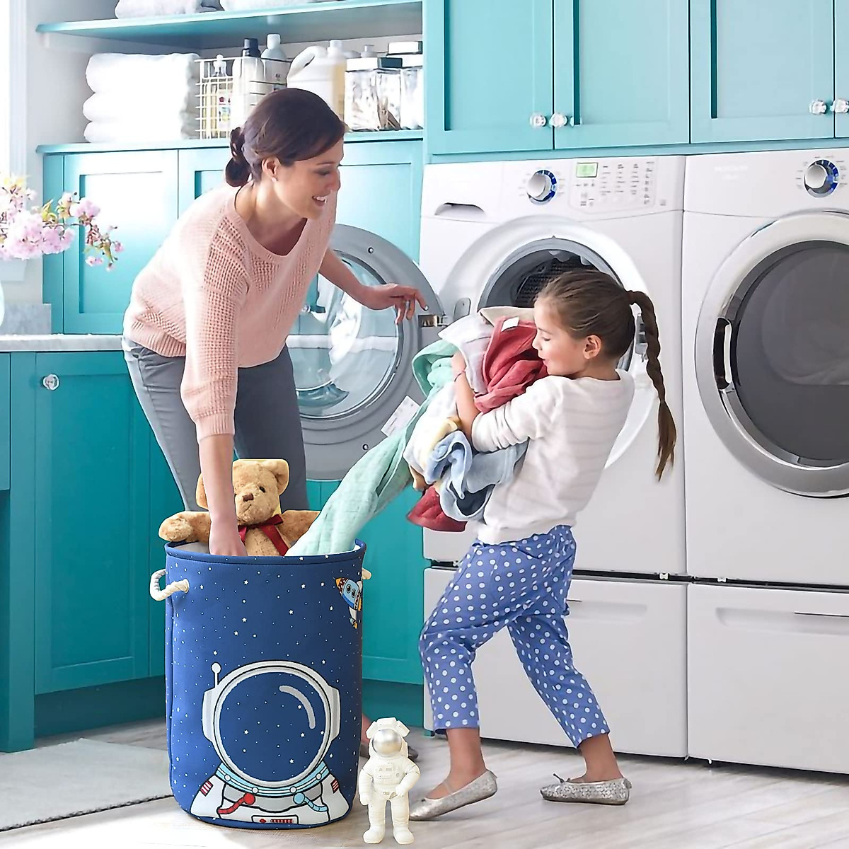 INough Kids Laundry Hamper for Boys, Toy Box Baby Hamper Laundry Baskets, Boys Room Decor Large Collapsible Waterproof Round Linen Laundry Hamper with Handles for Playroom, Bedroom (Astronaut)