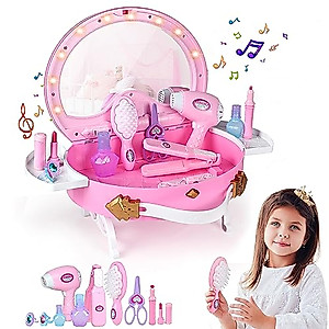 Little Princess Toddler Vanity Set, Portable Makeup Kits with Lights and Music & Real Mirror & Multiple Accessories, Best Birthday Christmas Festival Gift for Girls 3-7 Year Old Toddlers 1-3