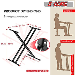 5 CORE Piano Keyboard Stand Double X Heavy Duty 7 Adjustable Heights & Width Digital Electric Synthesizer Music Stands For 61 76 88 Keys w Secure Locking Strap KS 2X BLK