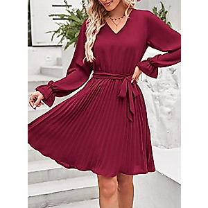 PRETTYGARDEN Women's Casual Spring Fall Dresses Long Puff Sleeve V Neck Pleated Ruffle Flowy Belted Dress (Wine Red,Large)