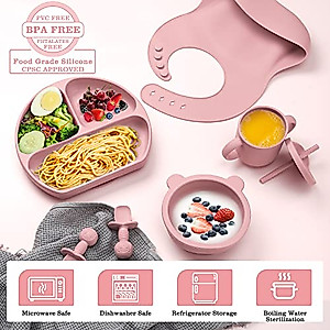 Silicone Baby Feeding Set, Baby Led Weaning Supplies with Suction Bowl Divided Plate, Toddler Self Feeding Dish Set with Spoons Forks Sippy Cup Adjustable Bib, Eating Utensils for 6+ Months(Pink)
