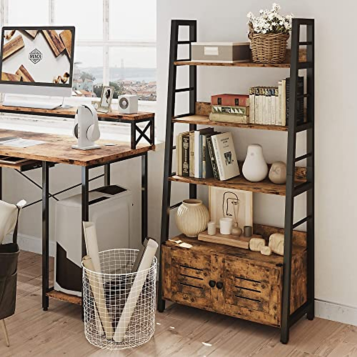 IRONCK Bookshelf with Louvered Doors, 3-Tier Ladder Shelf with Cabinet Industrial Accent Furniture for Bedroom Living Room Home Office, Rustic Brown