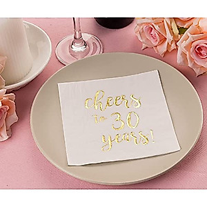50 Pack Cheers to 30 Years Cocktail Napkins for 30th Birthday, Anniversary Party Supplies, 3-Ply, White and Gold Foil (5 x 5 In)