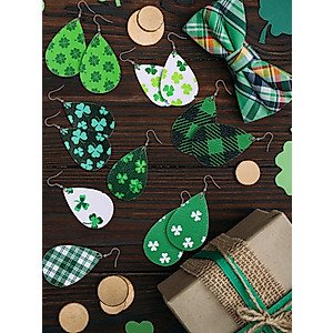 16 Pairs St. Patrick's Day Shamrock Dangle Earring Faux Leather Clover Drop Earrings Green Plaid Teardrop Earrings