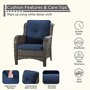 Gardenbee Patio Wicker Chairs Set of 2, Patio Rattan Dining Chairs with 3.5-inch Seat Cushions, High Back and Curved Armrest for Garden, Backyard, Balcony and Deck, Blue