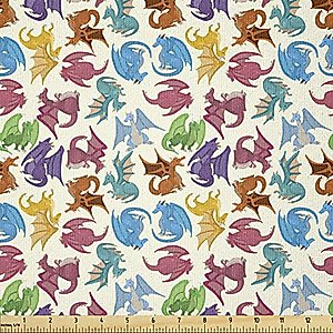Ambesonne Dragon Fabric by The Yard, Cartoon Style Design for Children Animal Pattern Colorful Dragons Artwork Print, Stretch Knit Fabric for Clothing Sewing and Arts Crafts, 1 Yard, Magenta Blue