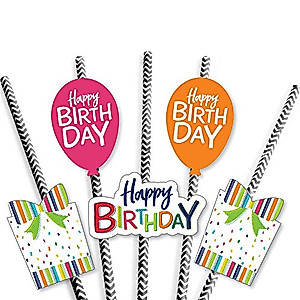 Cheerful Happy Birthday - Paper Straw Decor - Colorful Birthday Party Striped Decorative Straws - Set of 24