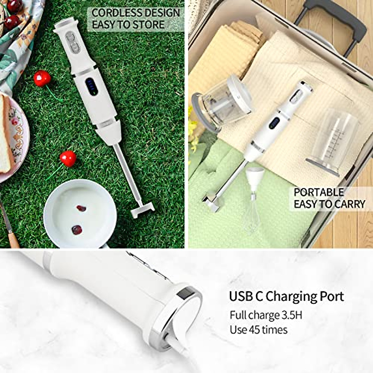 Cordless Hand Blender Electric, Immersion Smart Stick Blender Rechargeable with Stainless Steel Blades, 2 speed adjustable Beaker Whisk for Infant Food Smoothies Puree Sauces Soups (White)