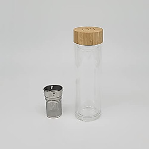 Infusions and more Bamboo and Glass Bottle with Tea Infuser and neoprene sleeve. 17oz. 500mlTravel bottle. Coffee cup, Iced tea tumbler, Hot and cold resistant., transparent