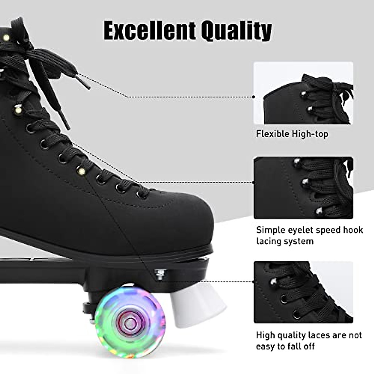 FEETCITY Womens Roller Skates High-Top Double-Row Leather Roller Skates for Girls Boys for Indoor Outdoor Size 8 Black