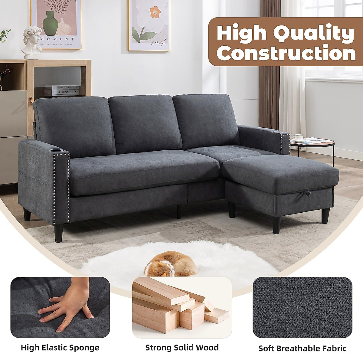 Siiejia Convertible Sectional Couches for Living Room, L-Shaped Couch 3 Seats Sofas with Storage Chaise & 2 Cup Holders, Small Sofa for Apartment, Compact Spaces, Dark Grey