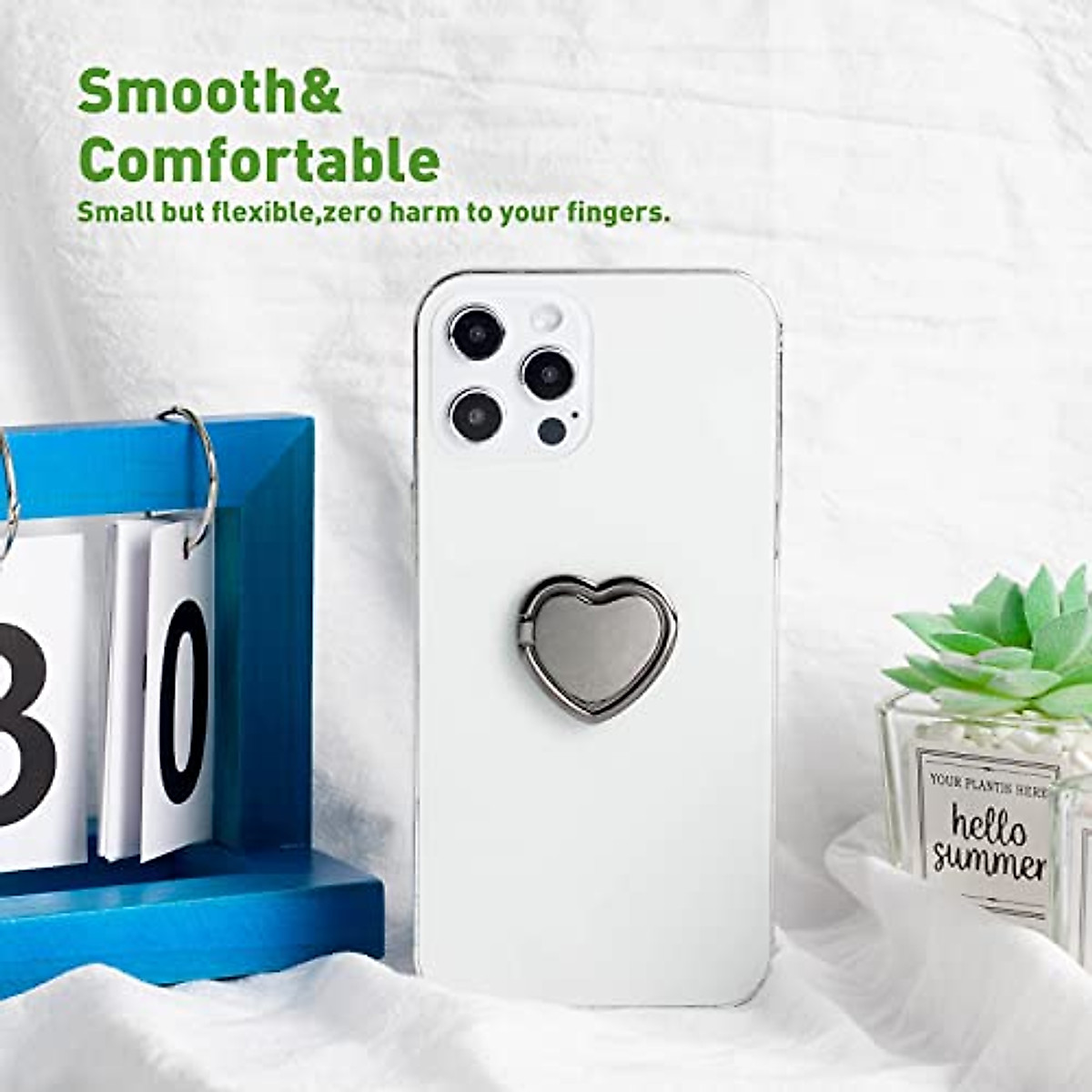 Sparkling Love Heart Phone Ring Holder Stand, 2 Pack 360 Degree Rotation Finger Ring Kickstand with Polished Metal Phone Grip for Magnetic Car Mount, Smartphone Accessories(Black)