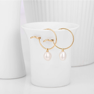 PEARLADA Gold Huggie Hoop Earrings with Charms Fashion Pearl Drop Dangle Earrings for Women Handmade Karma Circle Jewelry for Ladies Lightweight Pearl Earrings on Christmas