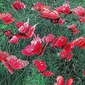 FENELY Butterfly Garden Decor Stakes,Double Wing Waterproof 3D Red Butterflies Garden Ornaments Outdoor Decorations for Patio Lawn Yard PVC Gardening Art Christmas Whimsical Gifts