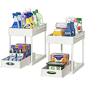 Appolab 2 Pack Under Sink Organizer, Sliding Cabinet Basket Organizer Drawers, Under Sink Organizers and Storage Bathroom Kitchen Cabinet Organizer with Hooks The Bottom Drawers Can Be Slid Out, White