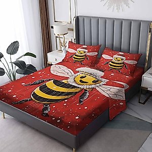 Full Size Sheet Sets - Christmas Bee Bed Sheets, Cartoon Honey Bee Bedding Sheets & Pillowcases, Soft Microfiber & Deep Pocket & Wrinkle Free Sheet Set, 1 Fitted Sheet, 1 Flat Sheet, 2 Pillow Cases