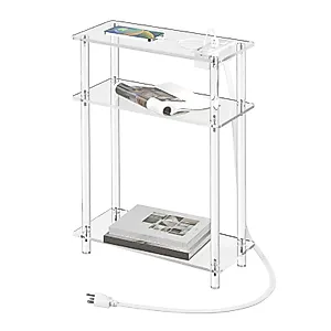 HMYHUM Acrylic Narrow Side Table with Charging Station, 7" Width, 3 Tier Small End Table for Small Spaces, Skinny Nightstand/Bedside Table with USB Ports & Outlet, Clear