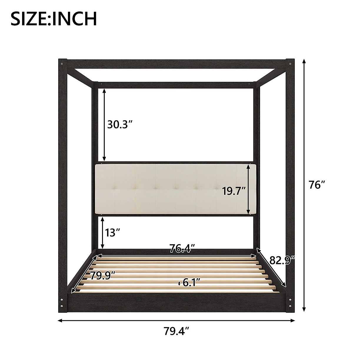 HAUSHECK King Size Canopy Bed with Upholstered Headboard, Four-Poster Queen Canopy Platform Bed Frame, Wood Floor Bed Frame with Sturdy Wooden Slatted Structure, No Box Spring Needed, Easy Assembly