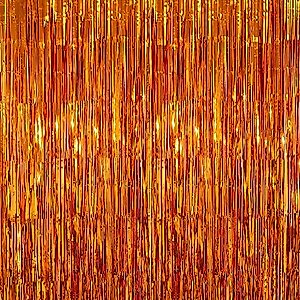 2 Pack 3.2x8.2ft Tinsel Foil Fringe Curtains, Streamers Backdrop Curtains with Adhesive, Photo Booth Background - Home Wall Window Decorations for Birthday, Wedding Party Decor, Orange