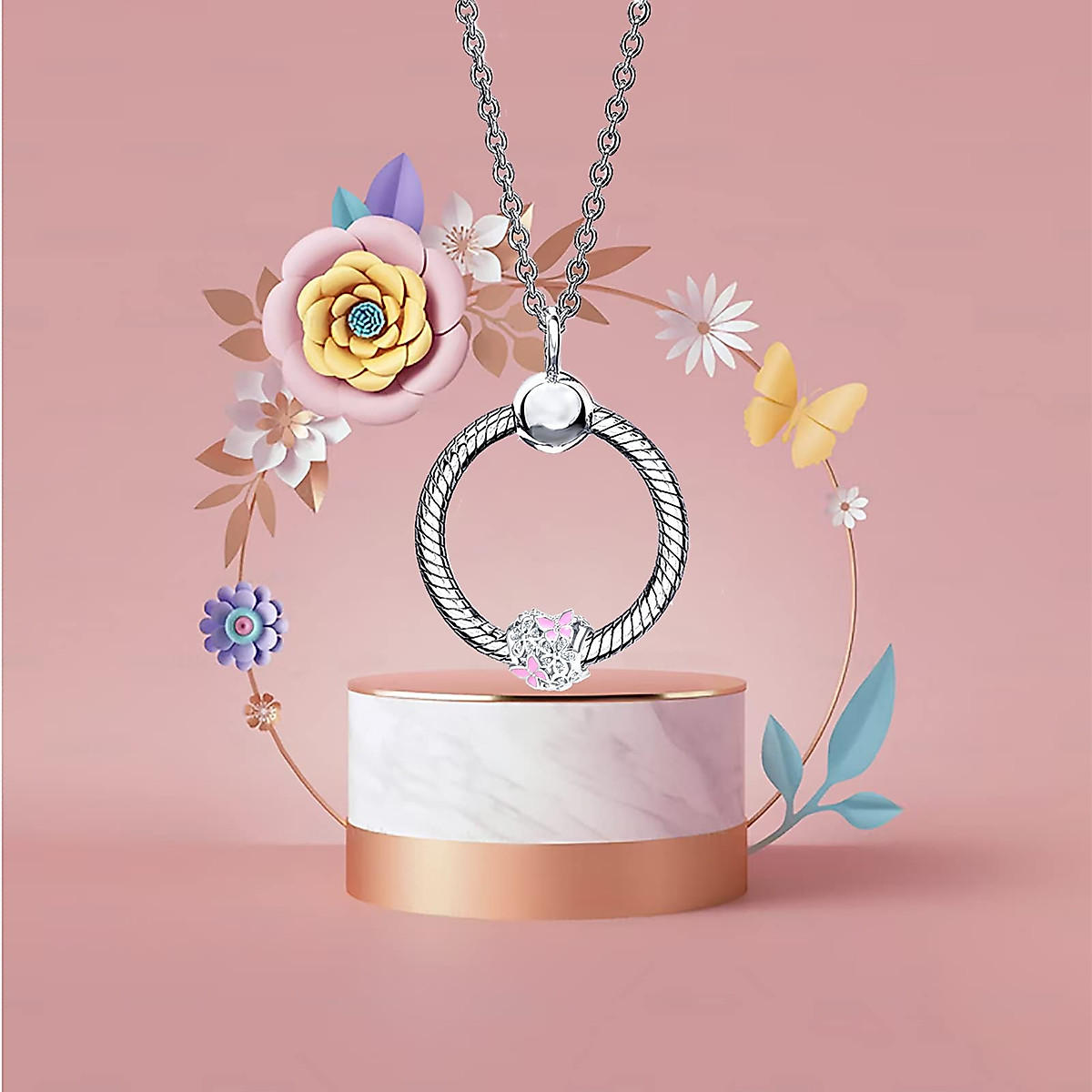 QeenseKc Butterfly Flower Garden Charm Pink Enamel Heart Crystal Openwork Bead fit Pandora Charm Bracelet, Pink