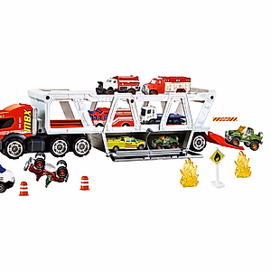 Matchbox Toy Cars, Fire Rescue Hauler Playset with 1:64 Scale Fire Truck & 8 Accessories, Storage for 16 Vehicles