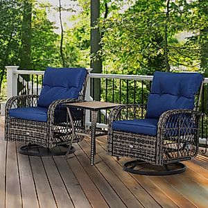 YITAHOME 3-Piece Patio Outdoor Swivel Glider Rocker Wicker Bistro Rocking Furniture Conversation Chairs for Garden, Backyard and Balcony (Navy Blue)