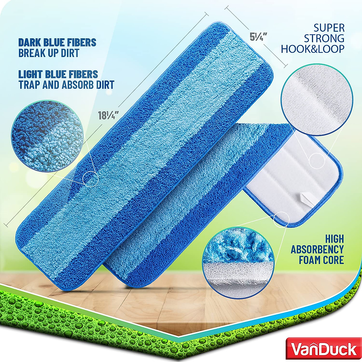 VanDuck Microfiber Cleaning Pads Compatible with Bona Mop (3 Pack) - Microfiber Mop Pads for Hardwood Floor for 18 Inch Mop