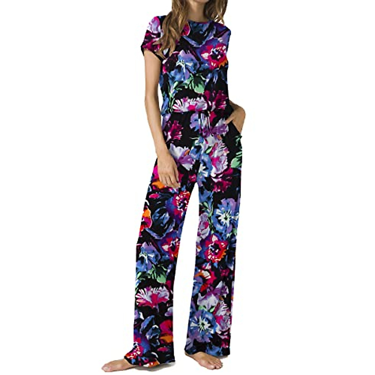 LAINAB Womens Casual Floral Short Sleeve Drawstring Waist Jumpsuits Slateblue M