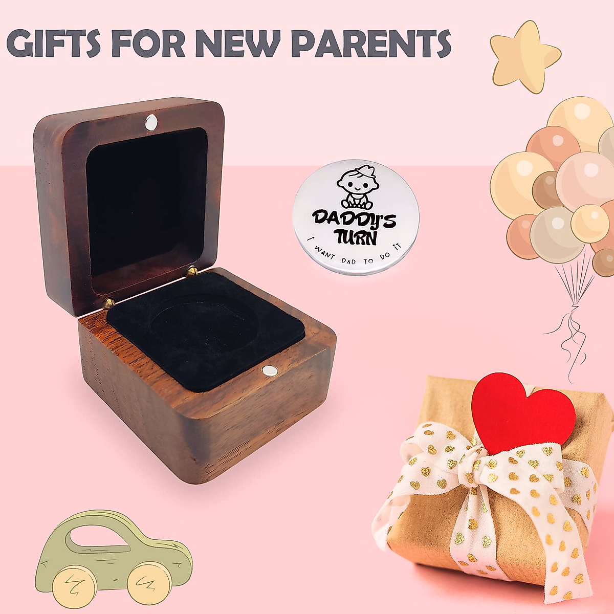 New Baby Gifts for New Parents Mom Daddy Funny Double-Sided Silver Decision Coin with Handmade Wooden Box Pregnant Gifts for First Time Moms Keepsake for Baby Memory