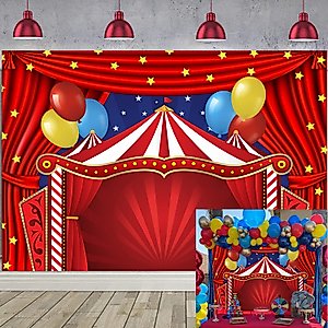 Cenven Red Circus Carnival Backdrop Curtain Stars Birthday Party Photography Background Newborn Baby Shower Birthday Cake Table Decorations 7x5FT, 7x5FT(width 210cm x Height 150cm)