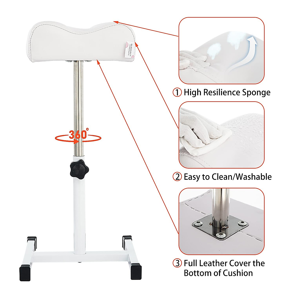 QUEESALN Pedicure Stand Footrest Stand Adjustable Height Technician SPA Beauty Stand Stool with Non-Slip SPA Salon Home Equipment White