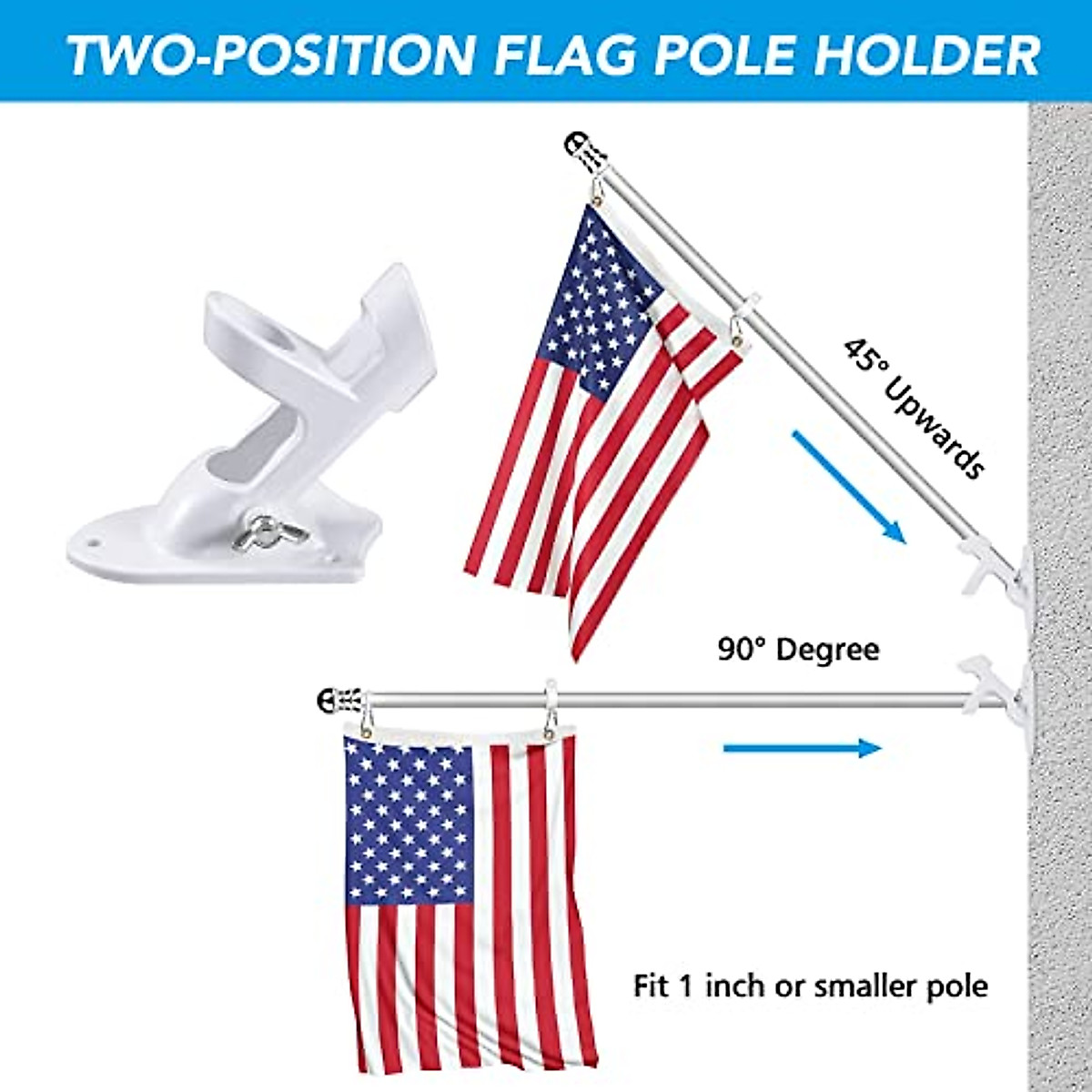 HOOPLE Flag Pole Holder for Outside House, Flag Holder, Flag Holders for Outside, Heavy Duty Flag Pole Mounting Bracket, Flag Bracket, Aluminum Rust Free Coated, Stainless Hardware 1" Diameter (White)