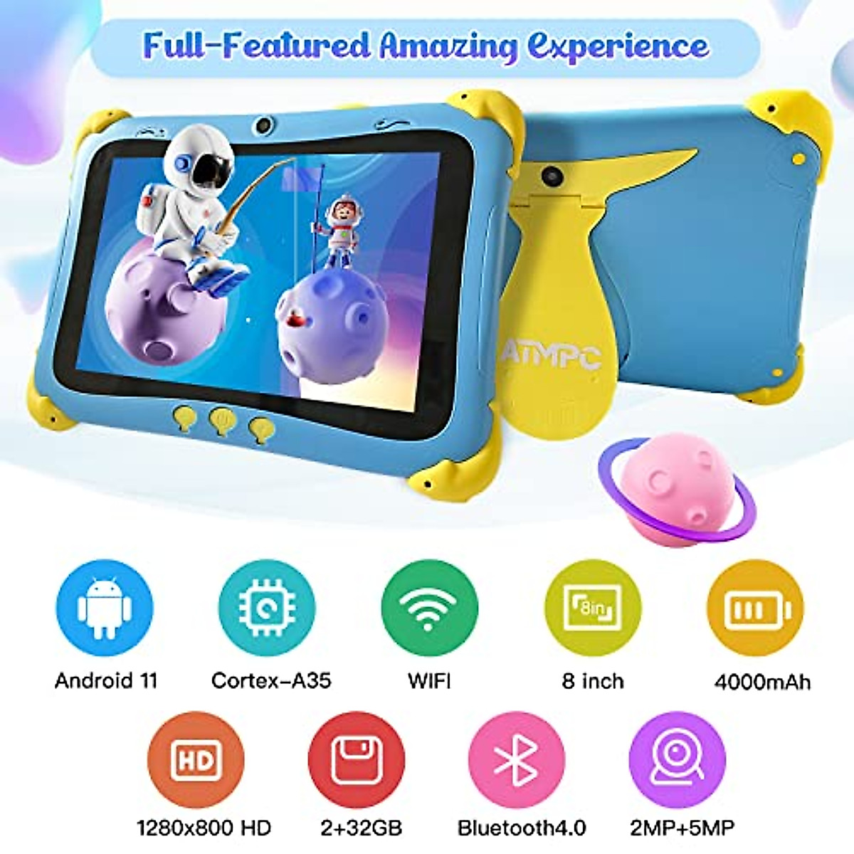ATMPC Kids Tablet with 1024x600 HD Touchscreen, 128GB Storage, Android 11 OS, Quad-Core Processor, Parental Control, Age-Appropriate Apps, Protective Case, Safe Eye Protection