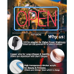 Open Signs for Business,Neon Open Sign Led,16.5"x 9",with Open/Closed Bussiness Hour Sign Set,Light for Bar Coffee Salon Store Window,12V/2A Adapter with ON/OFF Switch (Blue/Red Horizontal)
