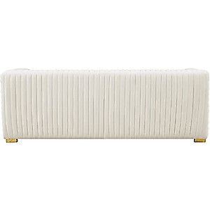 Meridian Furniture 640Cream-S Ravish Collection Modern | Contemporary Velvet Upholstered Sofa with Deep Channel Tufting + Both Gold & Chrome Legs Included