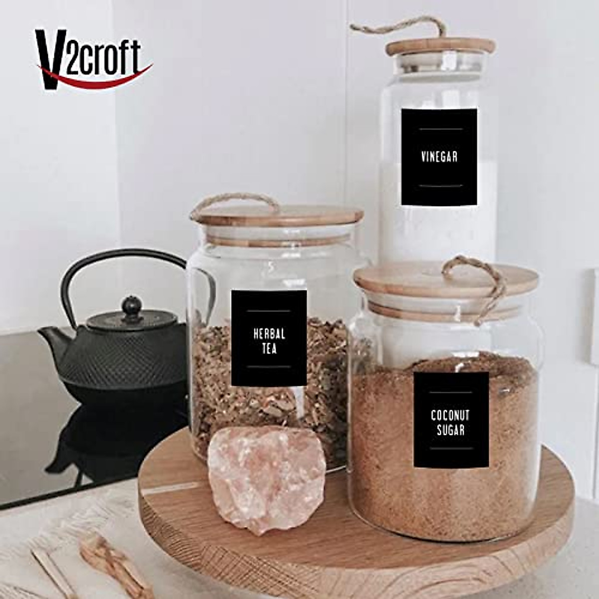v2croft 180 Pantry Labels for Containers, Minimalist Farmhouse Style, Black Matte Stickers White Fine Line Text, Waterproof Organization Labels for Jars, Bottles & Canisters Organization Storage