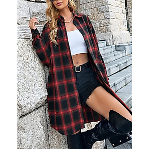 HangNiFang Long Flannel Shirts for Women Button Down Plaid Shirts Dresses Pocketed(0652-Red-XXL)