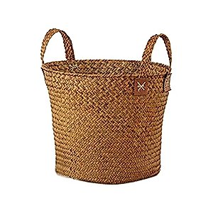 UXZDX Natural Straw Basket Trash Basket, Handmade, Practical Storage Basket with Handle