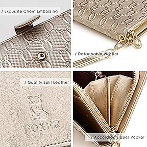 FOXER Leather Wallets for Women, Leather Gift Box Packing Chain Pattern Ladies Clutch Purses with Wristband Women's Trifold Long Wallets Womens Zip Around Wallets Credit Card Holders (Gold)