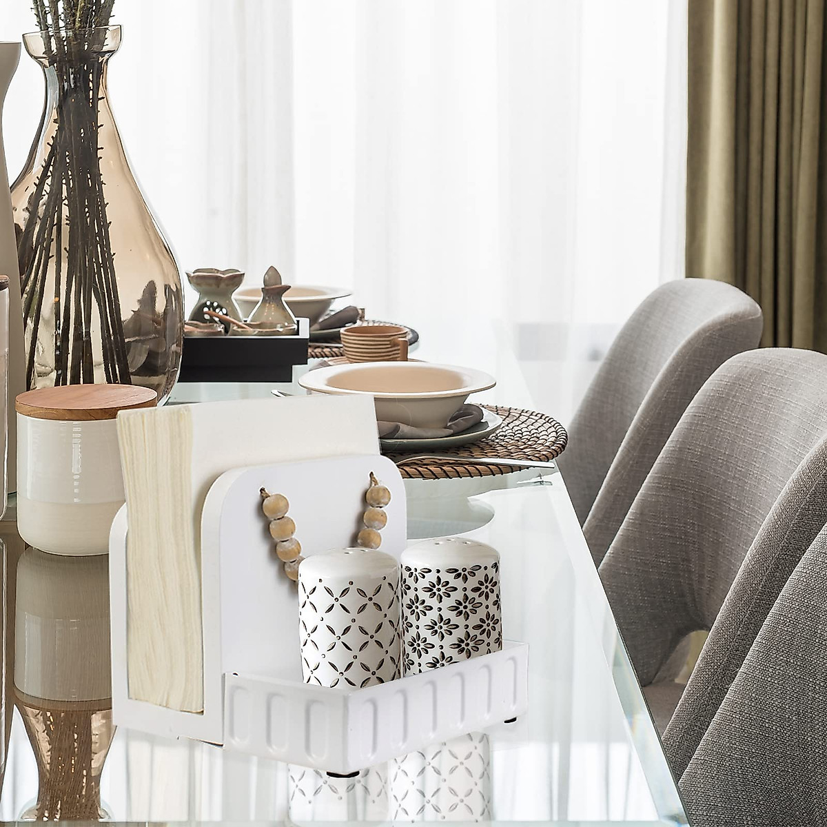 Karisky Rustic Napkin Holder with Salt and Pepper Shakers Holder, Boho 2-in-1 Solid Real Wood and Metal Napkin Caddy with Non-Slip Base for Tables, Kitchen Countertop, White