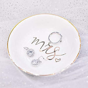 Quany Life Mrs Jewelry Dish Ceramic Ring Trinket Tray Wedding Gift for Bride Desk Storage for Mrs Engaged Gifts Mr Mrs Gold Engagement Gifts Friend