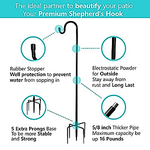 JIER Outdoor Shepherds Hook with 5 Prongs Base,65 Inch Sturdy Hummingbird Feeder Stand, Adjustable Heavy Duty Garden Hanger Hook for Hanging Flower Basket, Solar Light, and Wedding Decor