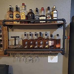 BOTAOYIYI Wine Rack Wall Mounted 2 Tier, Hanging Floating Bar Liquor Shelves with Glass Holder Storage Under, Industrial Rustic Pipe Farmhouse Kitchen Decor Black(35.4x10.6x19.7)