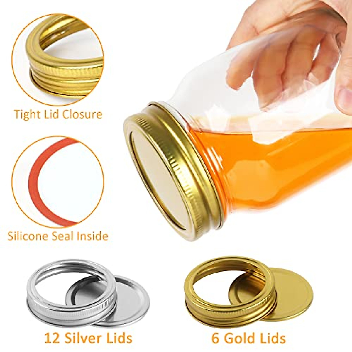 Jaisie.W Mason Jars 16 oz 12Pack with 6 Extra Lids, Glass Pint Canning Jars 16 oz - 16oz mason jars with silver lids and extra 6 gold lids for Canning/Preserving/Meal Prep