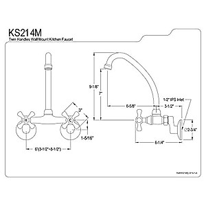 Kingston Brass KS214M High Arch Spout for Wall Mount Kitchen Faucet with Metal Cross Handle, Polished Chrome,6-5/8 inch spout reach